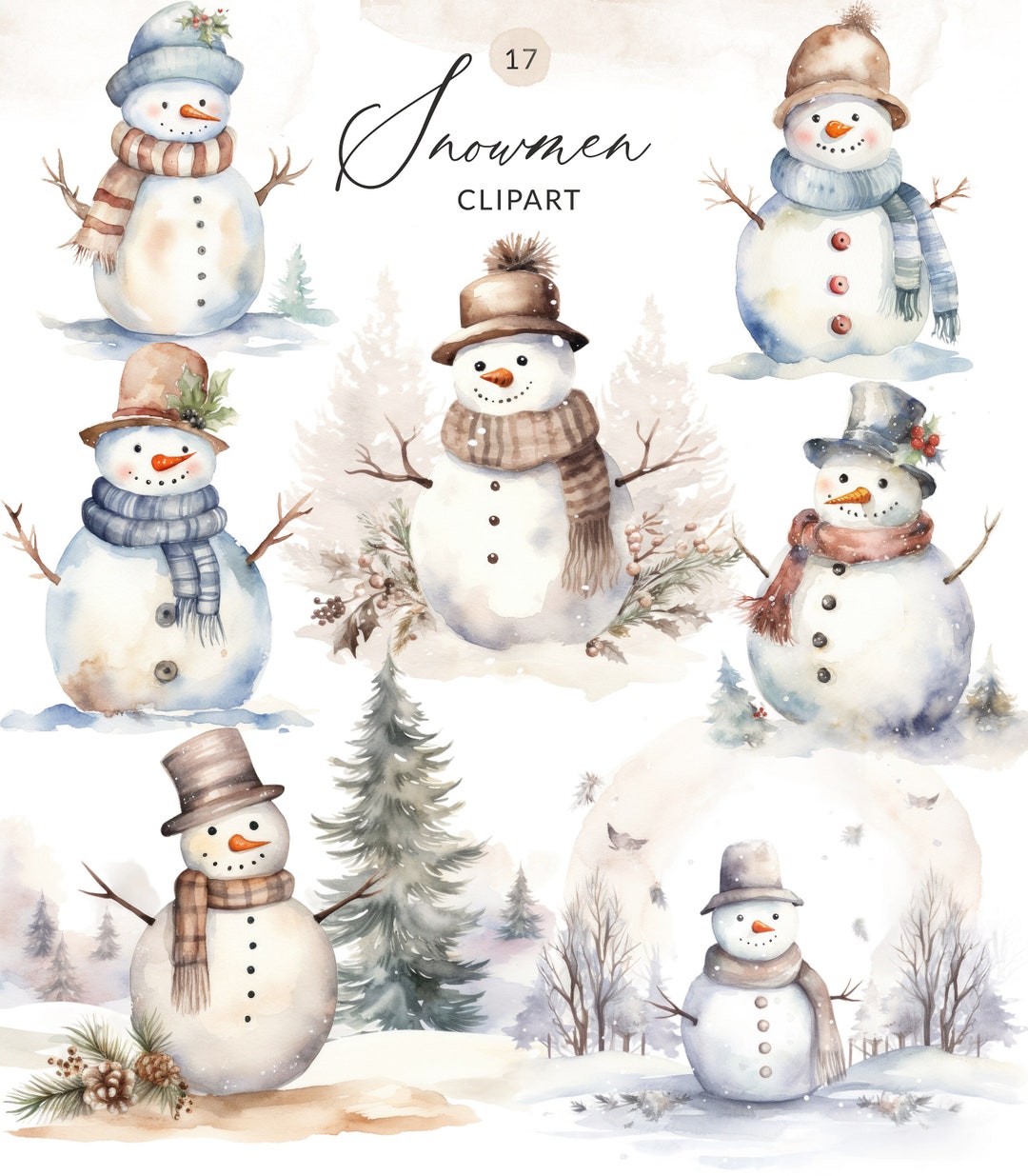 17 Watercolor Snowman Clipart, Watercolor Snowmen Clipart, Christmas ...