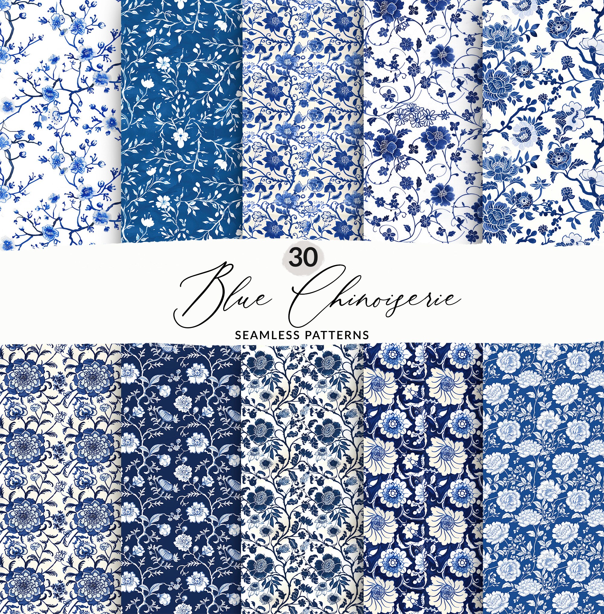 Seamless Chinoiserie Blue Watercolor Patterns, Chinese Floral ...