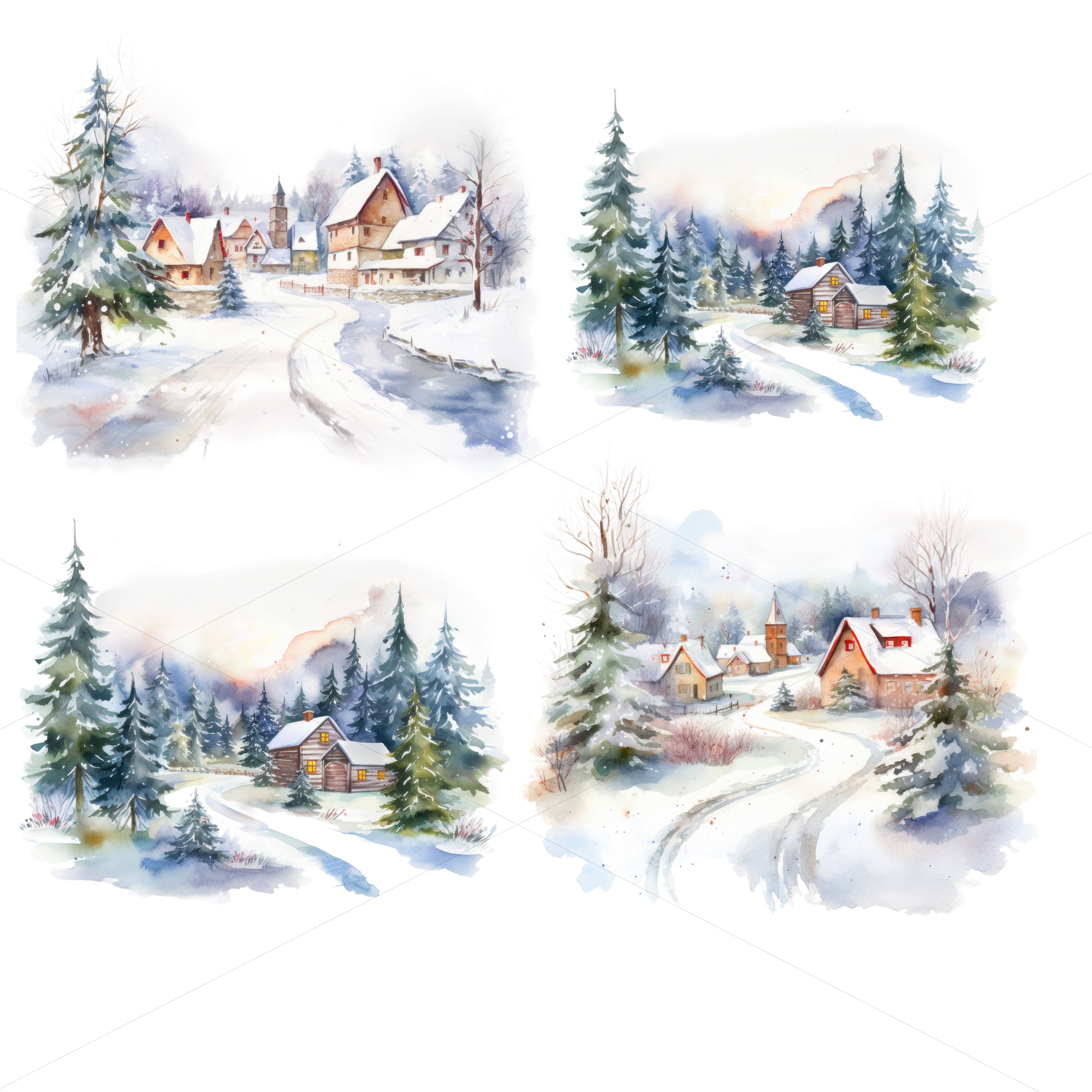 Winter Cabin Clipart, Watercolor Winter Village Clipart, Winter Town ...