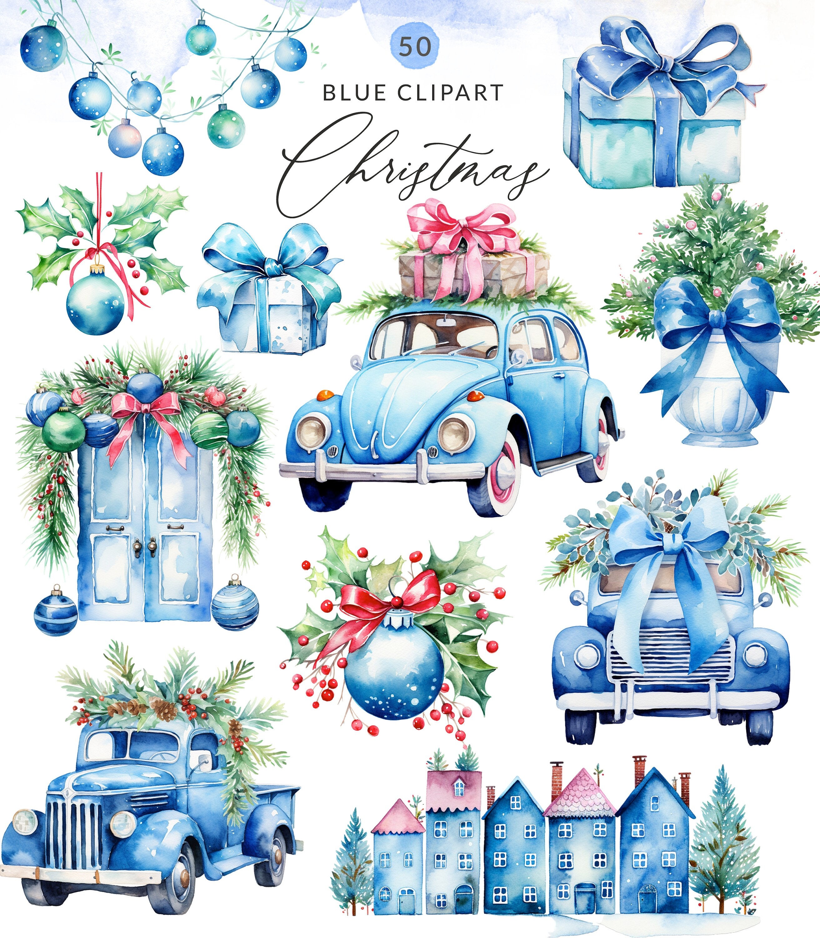 50 Blue Christmas Clipart Blue Watercolor Christmas Clipart, Teal ...