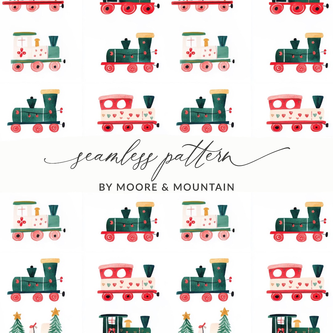 Christmas Train Digital Paper, Seamless Holiday Pattern, Festive ...