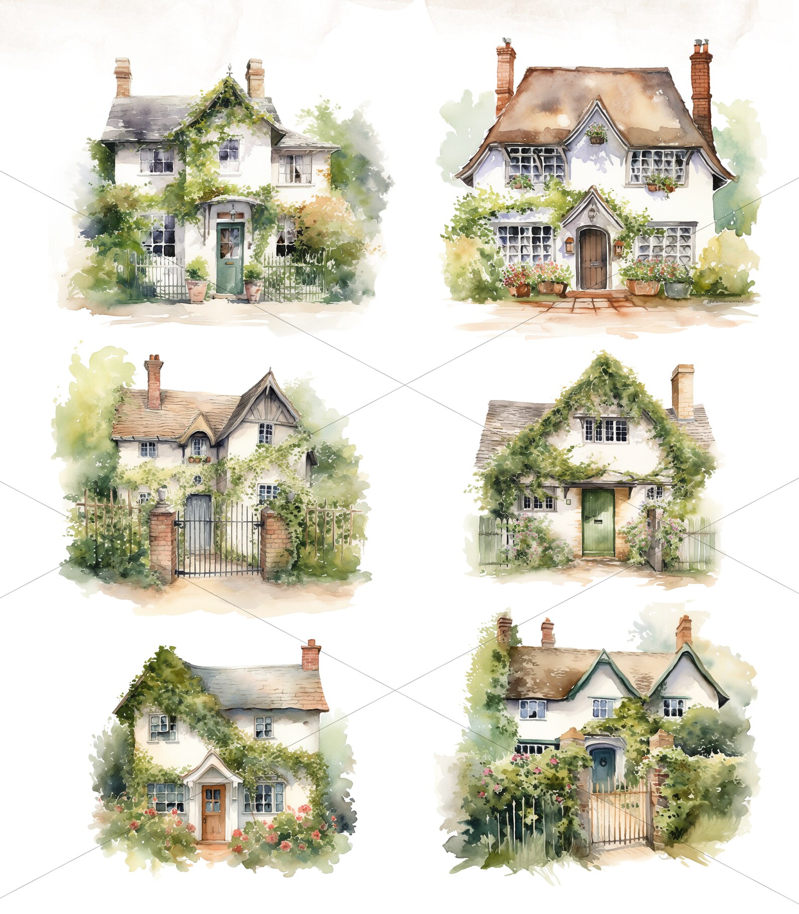 Whimsical Watercolor Cottages Clipart PNG Images, Watercolor Houses ...