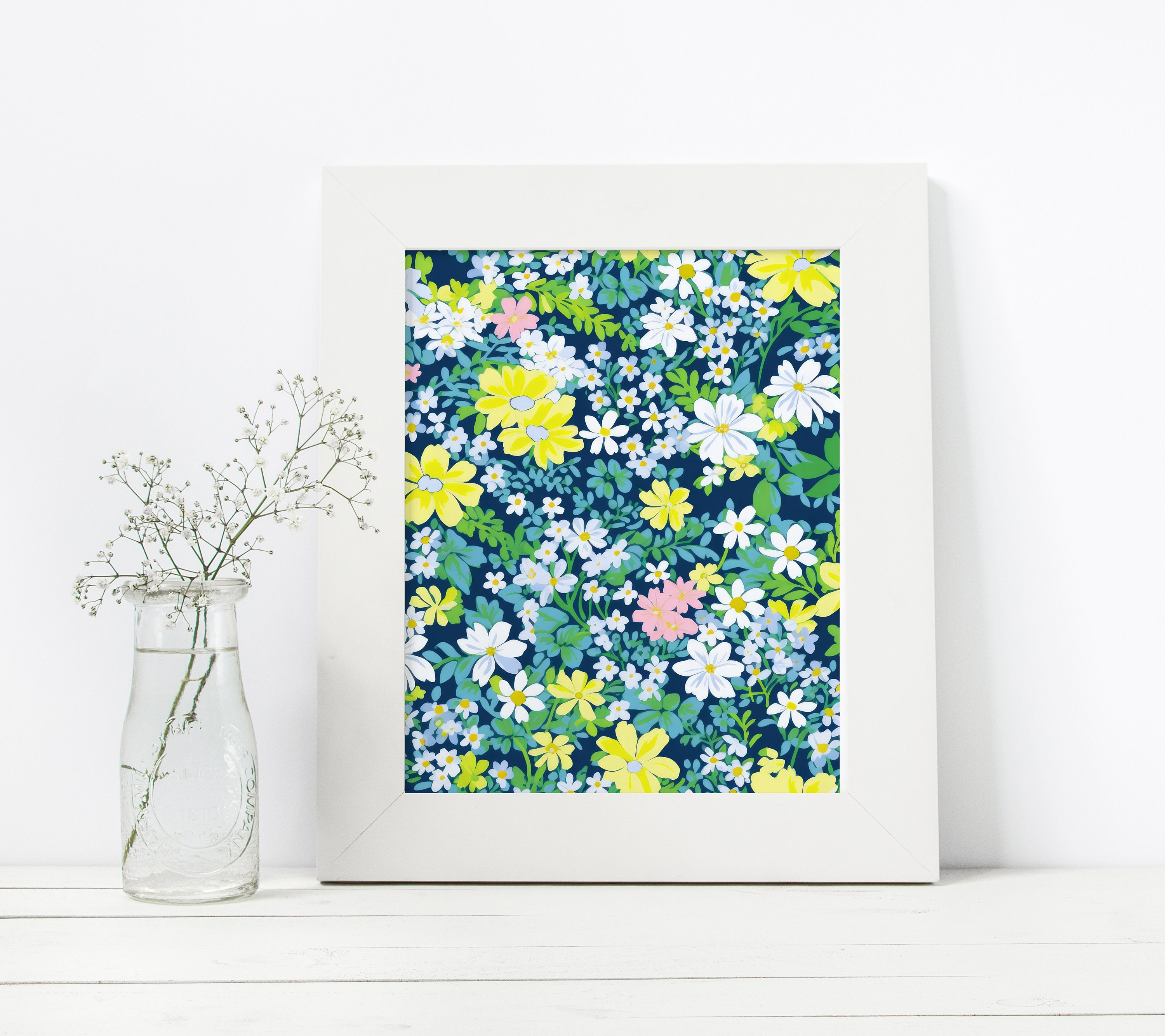 Navy and Yellow Floral Background Pattern, Repeating Flowers Background ...