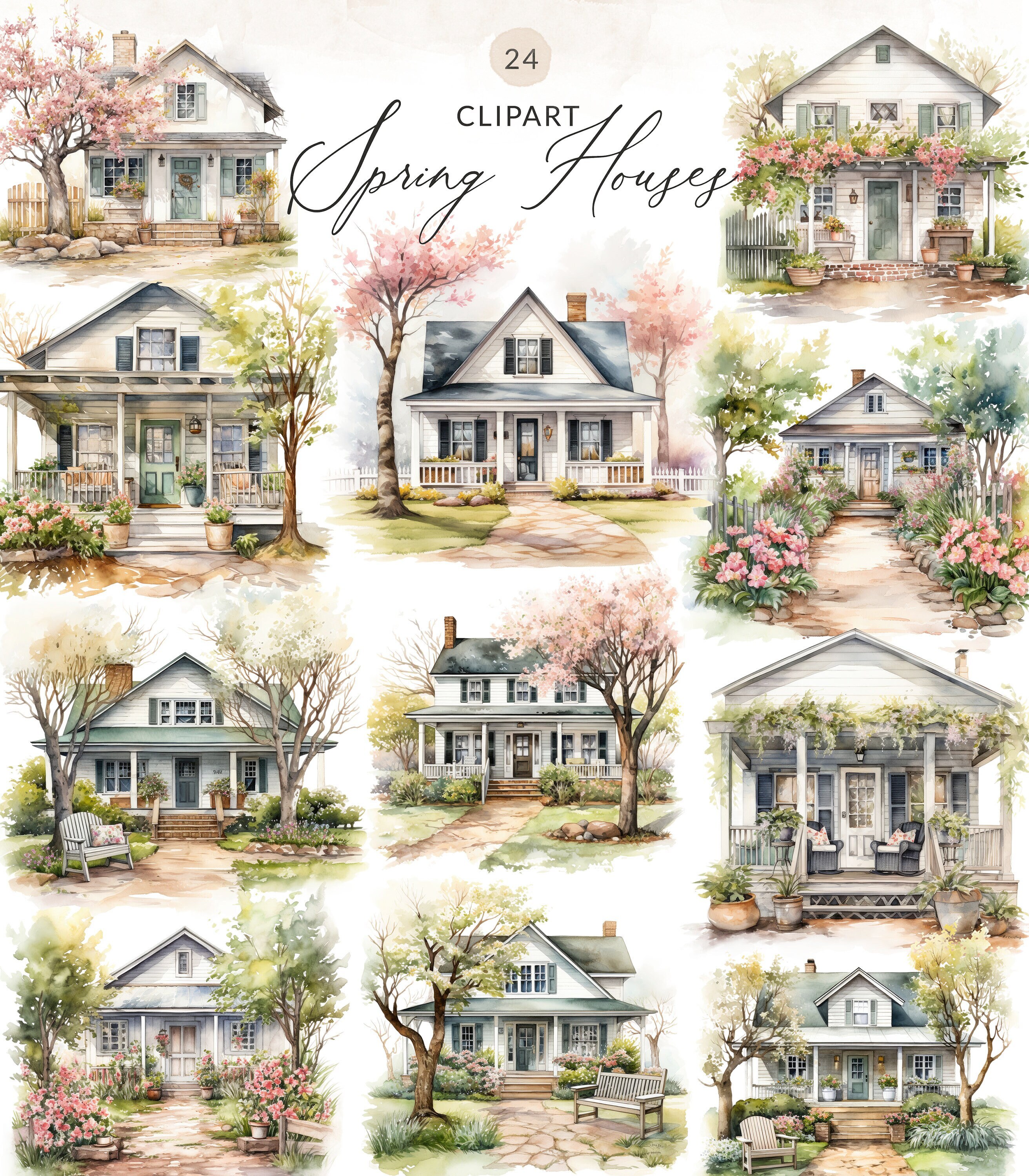Watercolor House Clipart Spring House Clipart, Cute Houses Clip Art ...