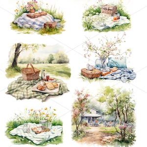 Watercolor Picnic Clipart Spring Picnic Scenes, Boho Picnic Clipart ...