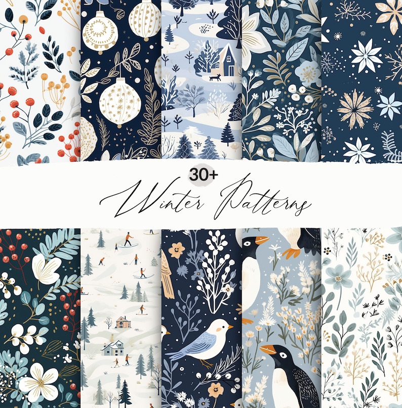 32 Seamless Cute Winter Animals Seamless Backgrounds, Blue Winter ...