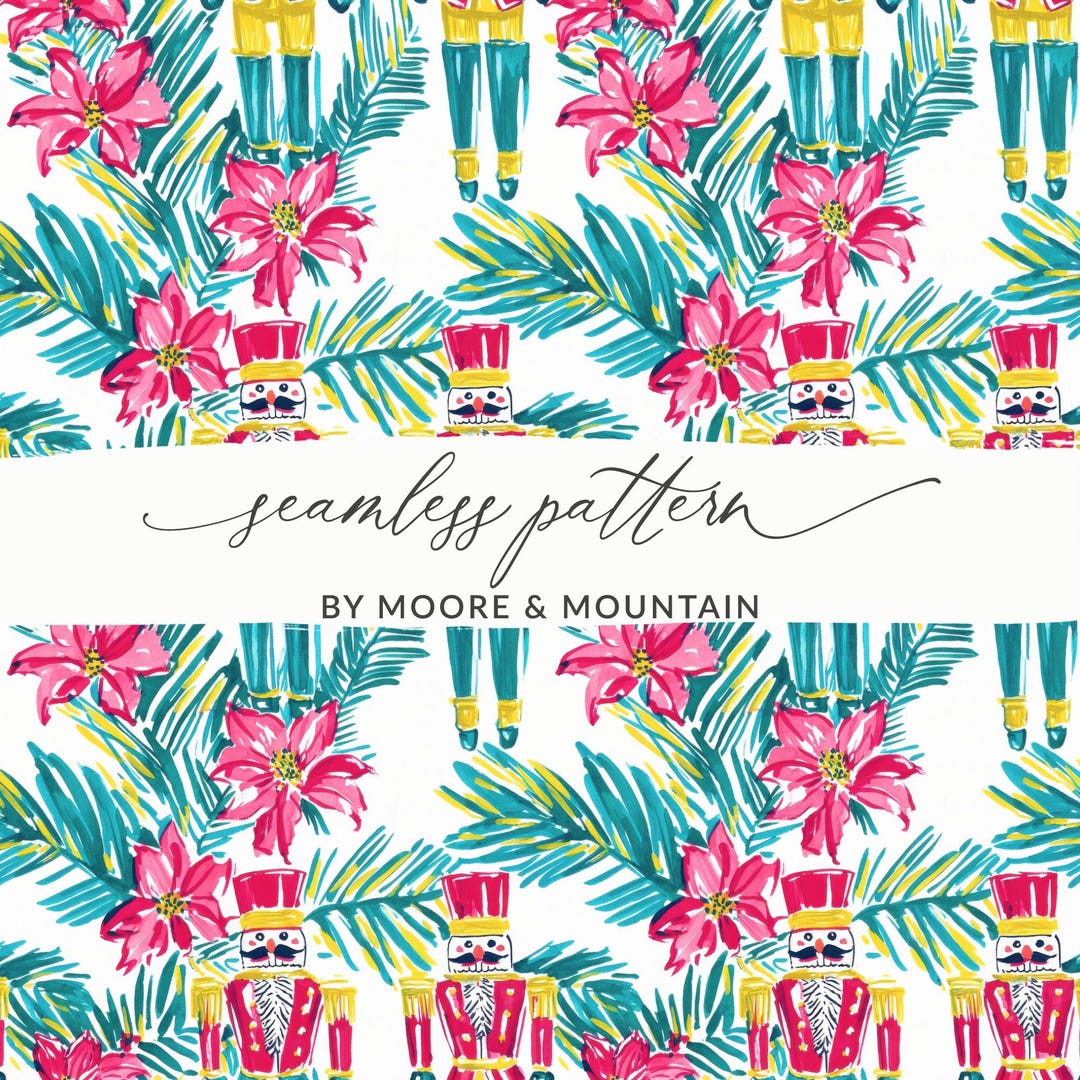 Tropical Nutcracker Seamless Pattern, Pink Poinsettia, JPEG (digital ...