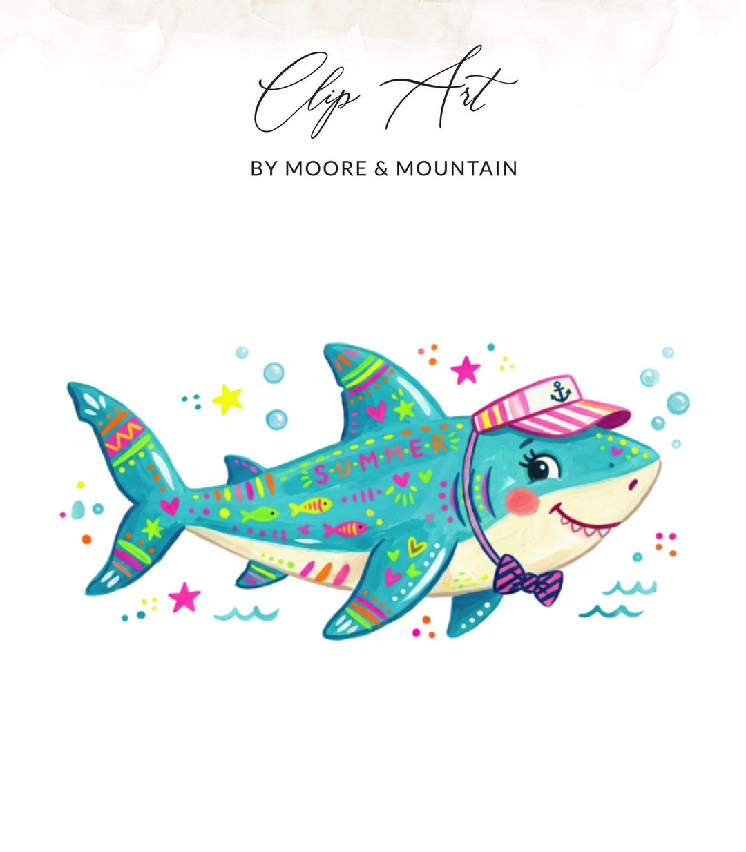 Summer Shark Clip Art, Whimsical Nautical Illustration, Kids Beach ...