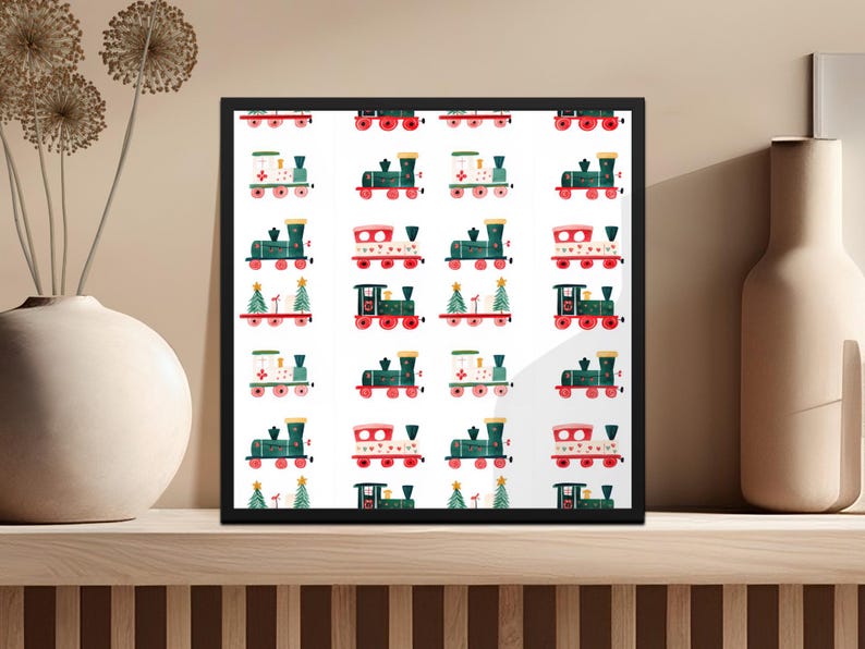 Christmas Train Digital Paper, Seamless Holiday Pattern, Festive ...