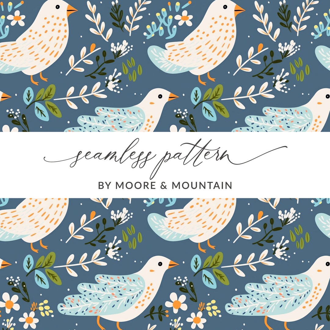 Navy Blue Bird Pattern, Illustrated Cute Blue Bird Background, Seamless ...
