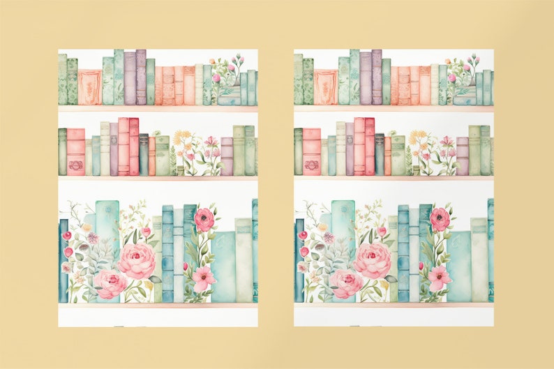 Floral Bookshelf Seamless Background, Cute Watercolor Bookshelf Pattern ...
