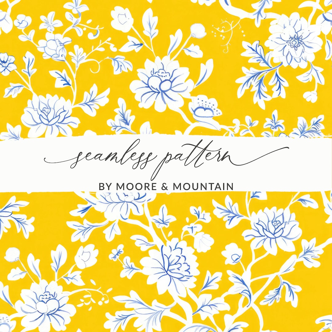Dainty Yellow and Blue Flower Vine Pattern, Yellow Chinoiserie Pattern ...