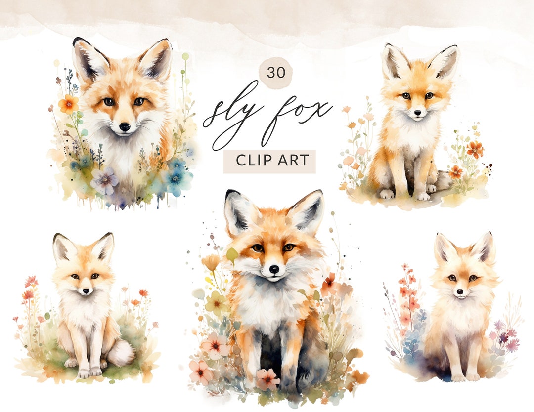 Watercolor Fox Clipart, Boho Fox Clipart With Flowers, Baby Fox Clipart ...