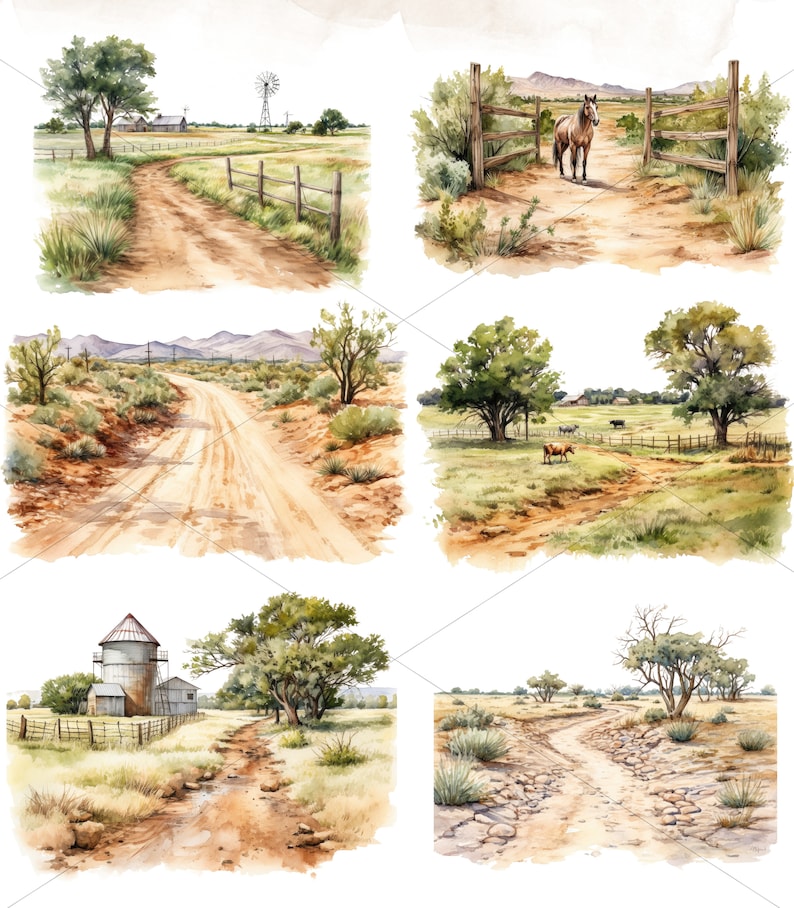 Watercolor Texas Landscape Art Print, Texas Landscape PNG Images ...