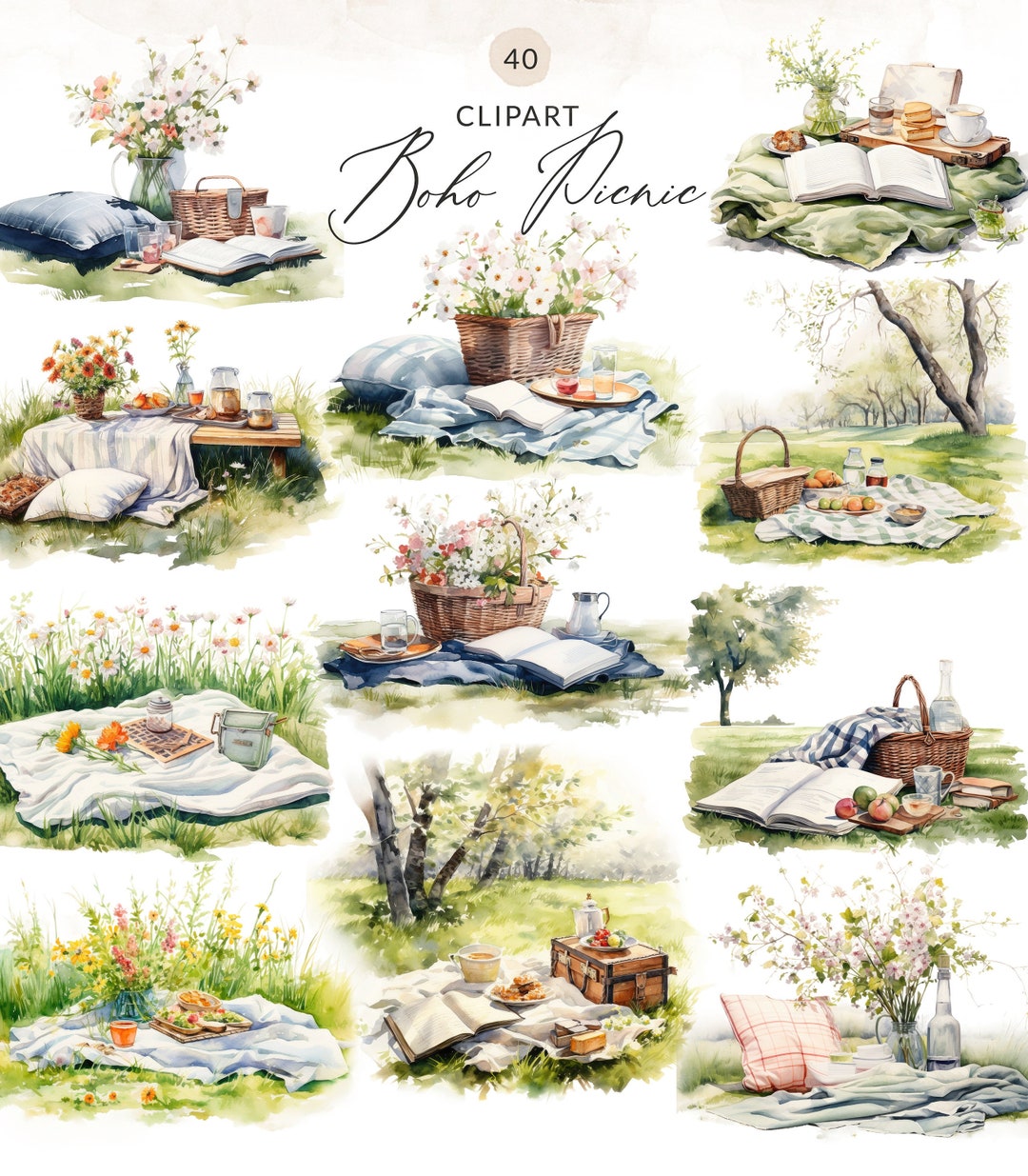 Watercolor Picnic Clipart Spring Picnic Scenes, Boho Picnic Clipart ...