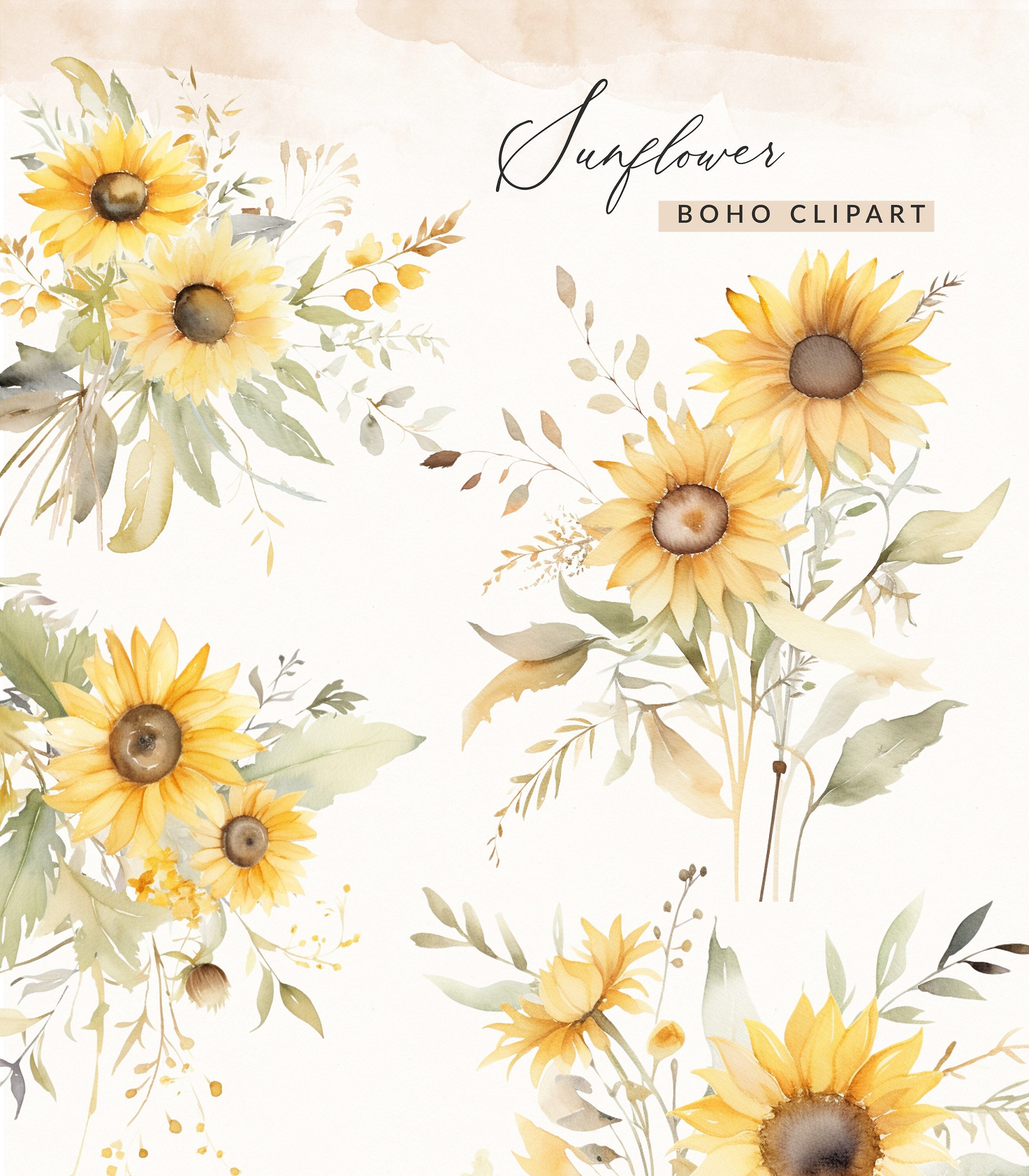 Watercolor Boho Sunflower Clipart, Watercolor Sunflower Clipart ...