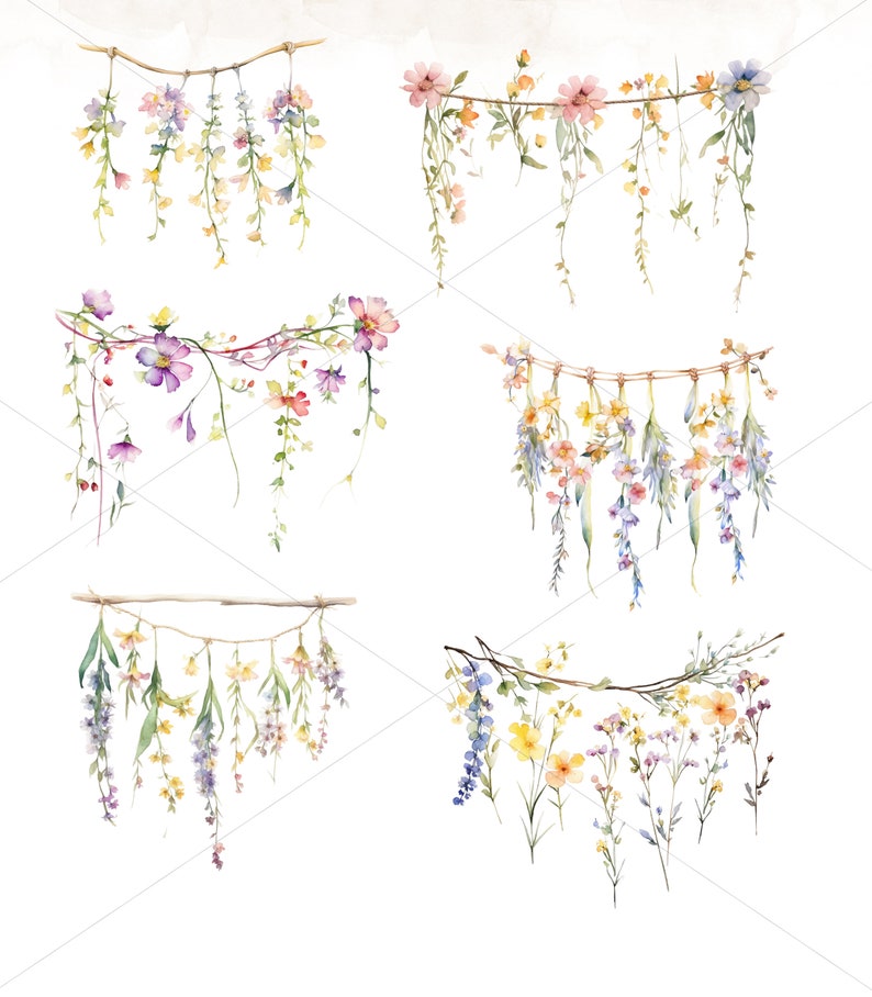30 Watercolor Garland Clipart, Spring Floral Garland PNG, Watercolor ...