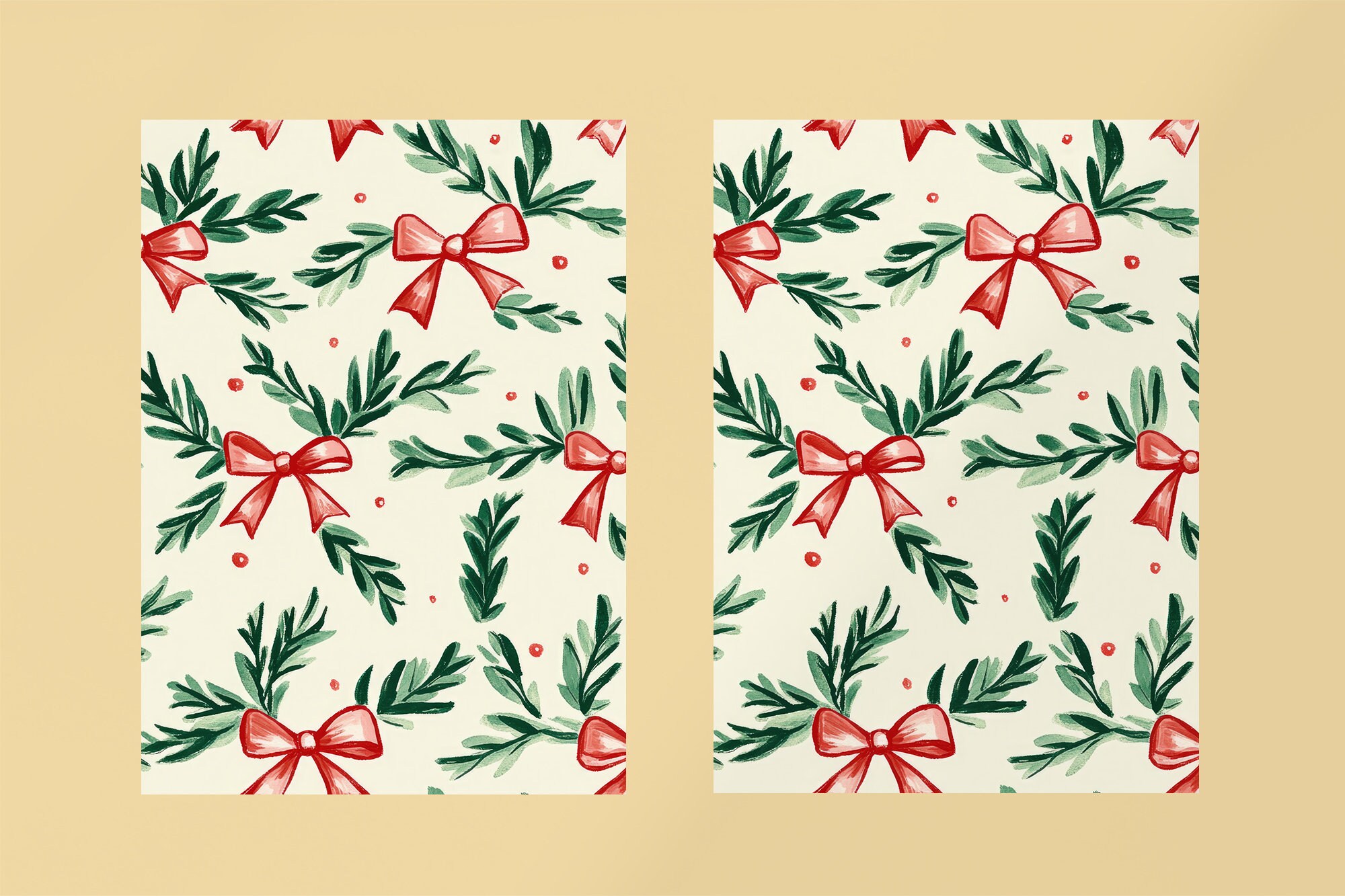 Christmas Holly Leaves and Red Bows Seamless PNG Digital Pattern File ...