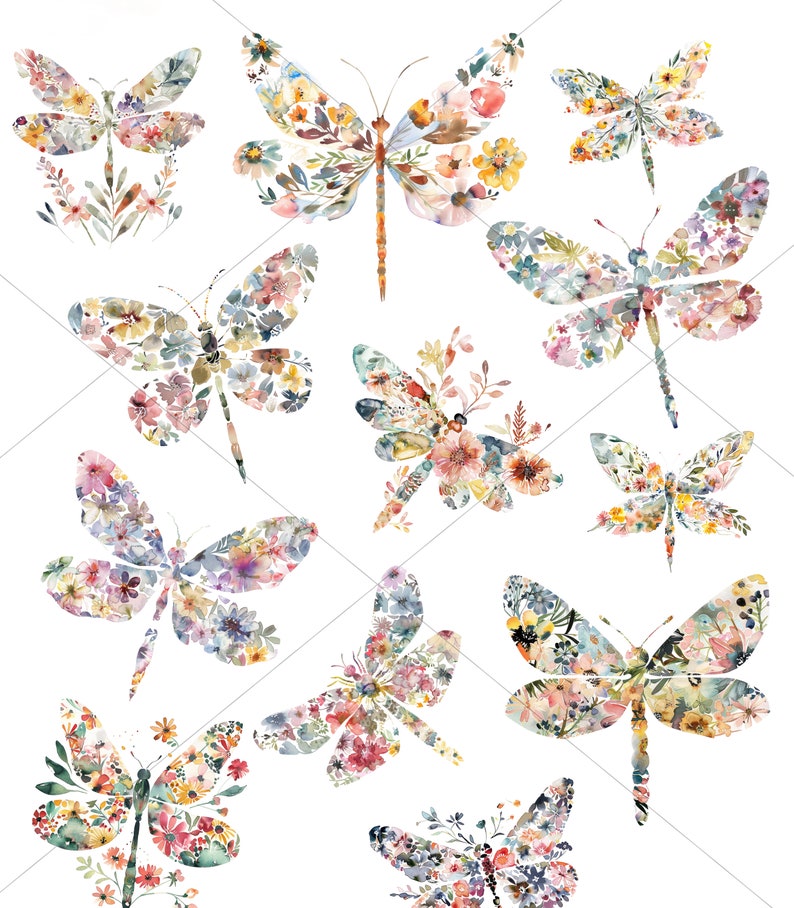 Painted Dragonflies Clipart Spring, Boho Dragonfly Clipart, Floral ...