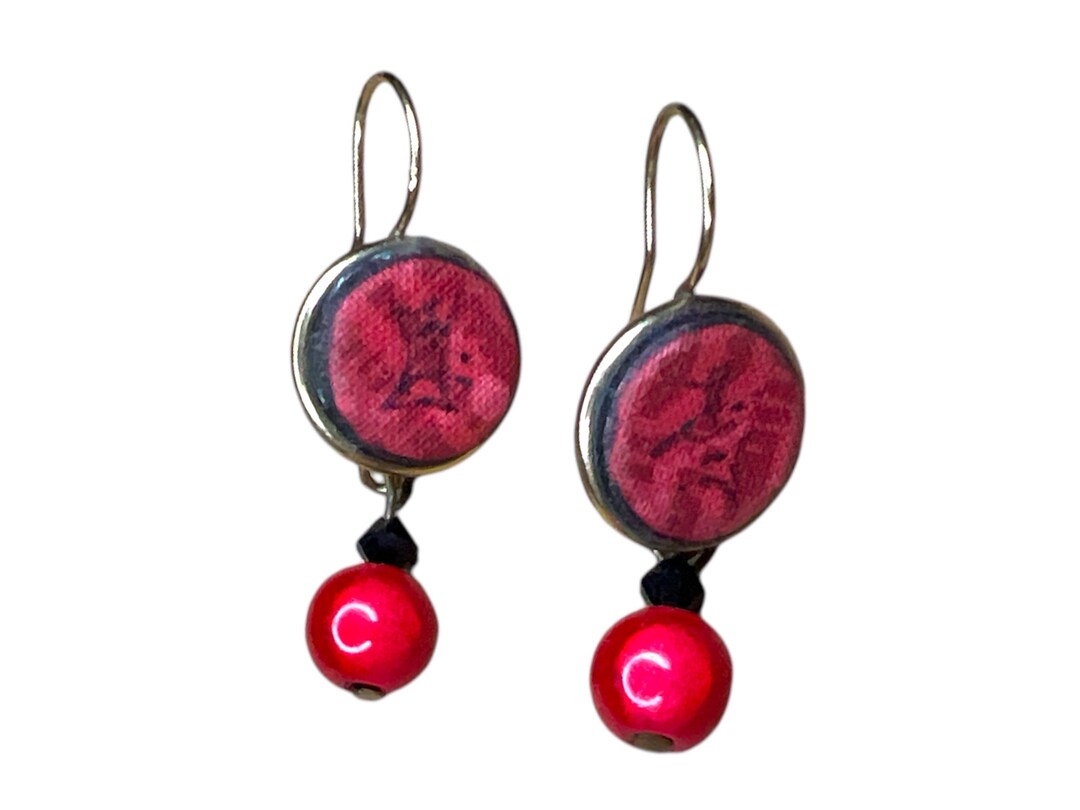 Vintage Drop Earrings Red Button - Etsy