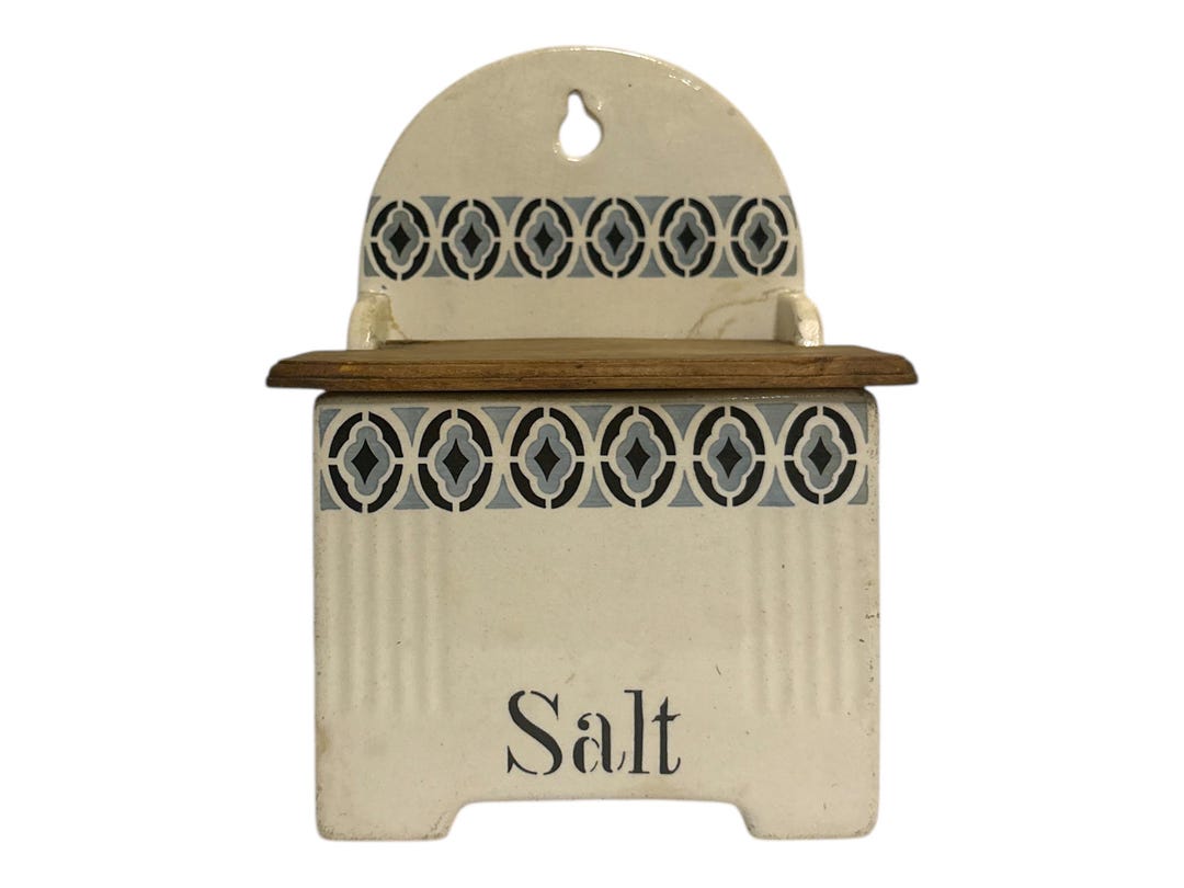 Vintage Ceramic Salt Box With Wooden Lid - Etsy