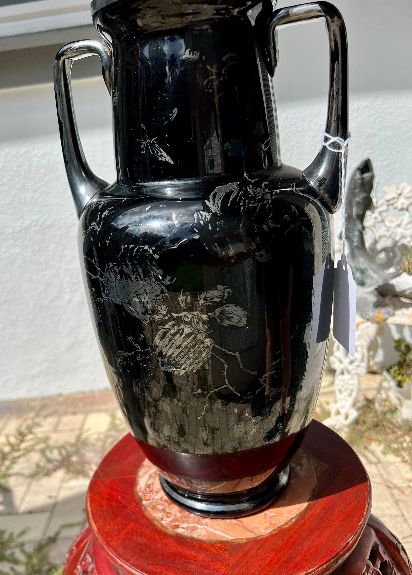 Two Handed Black Glass Vase With Silver Overlay Czech - Etsy
