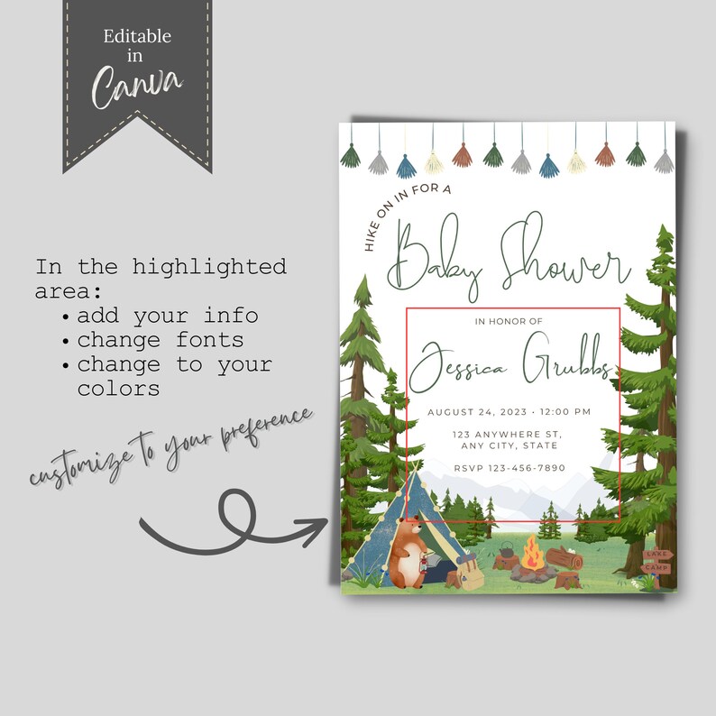 Camping & Hiking Baby Shower Invitation Bundle - Editable Canva ...