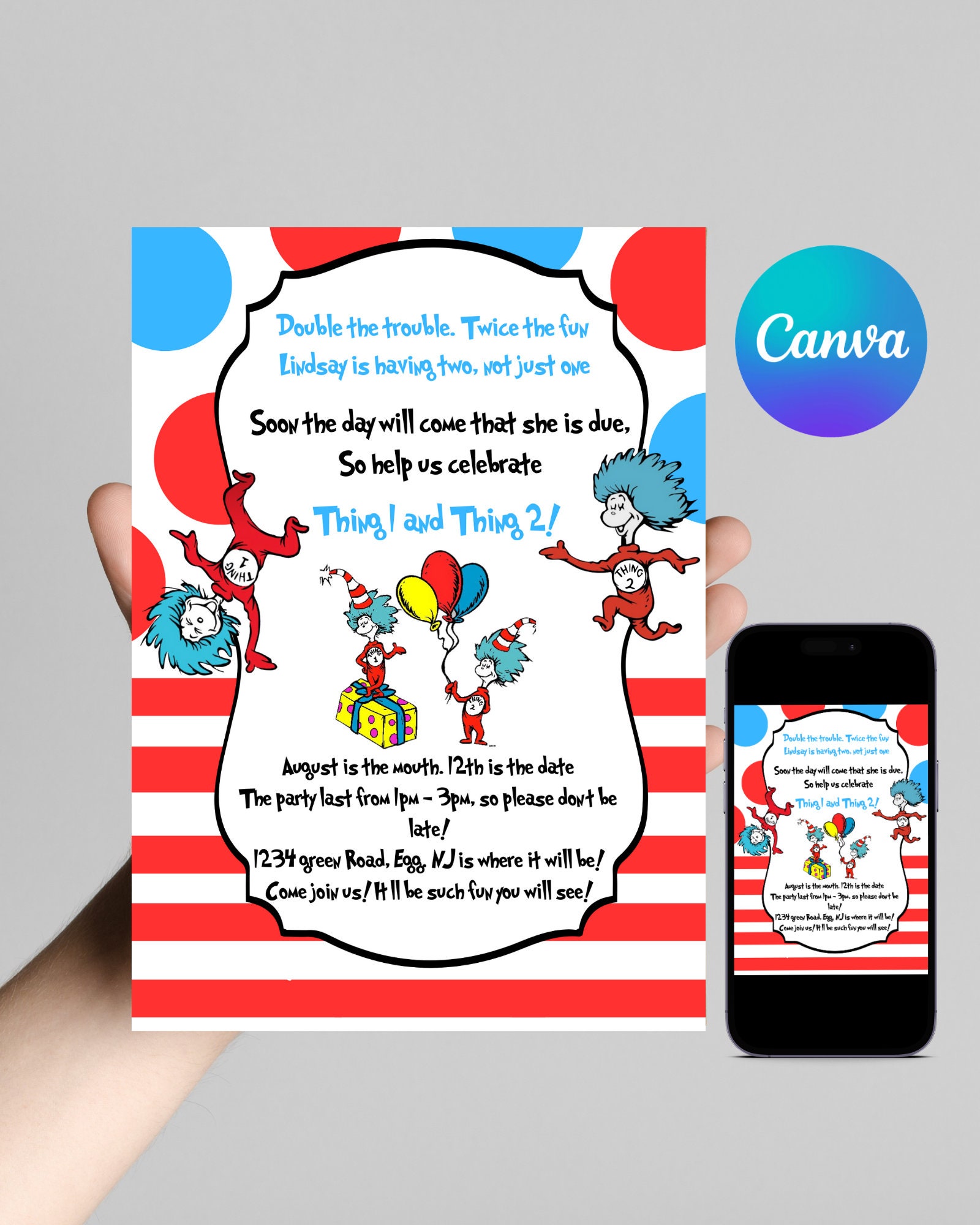 Thing 1 and Thing 2 Baby Shower Invitation - Party Invite - Digital ...