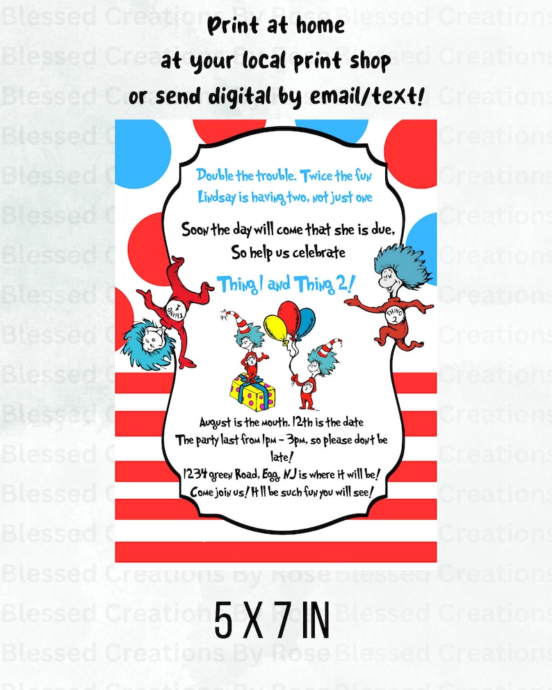 Thing 1 and Thing 2 Baby Shower Invitation - Party Invite - Digital ...