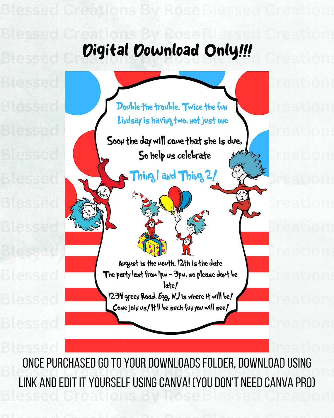 Thing 1 and Thing 2 Baby Shower Invitation - Party Invite - Digital ...