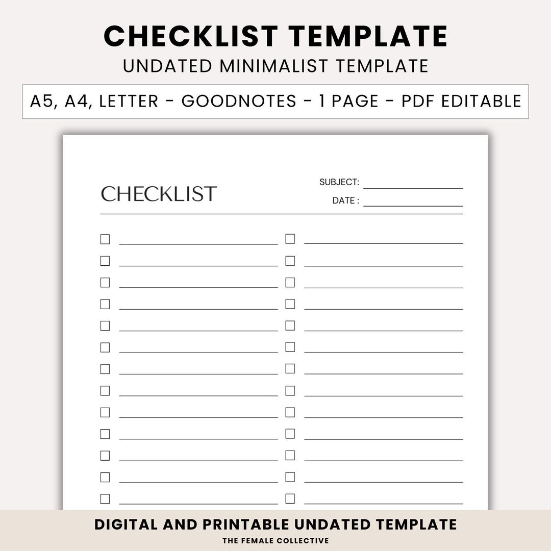 Undated Checklist Template Planner Minimal to Do List Digital Printable ...