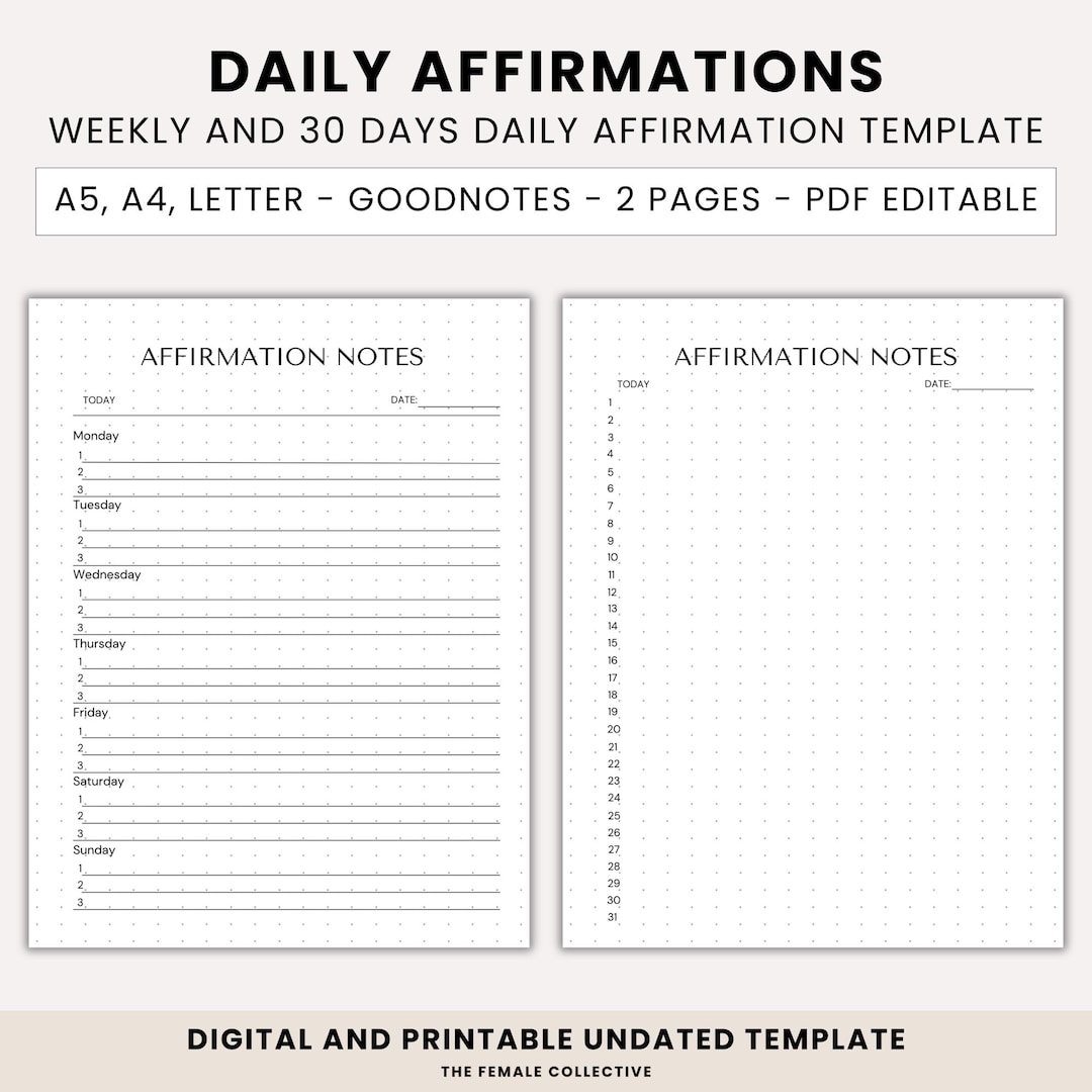 Positive Affirmations Template Daily Reminder Affirmations Page for ...