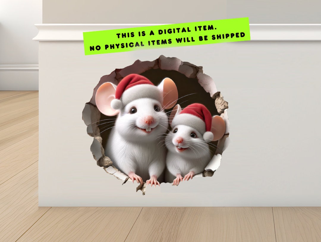 Santa Mouse Hole 3D Effect, Mom & Baby Mouse, Printable Mice Wall Decal ...