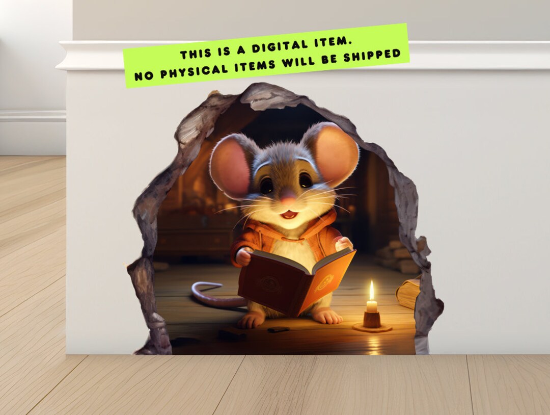 3D Mouse Reading Book in Mouse Hole, Printable Wall Decal Sticker, Wall ...