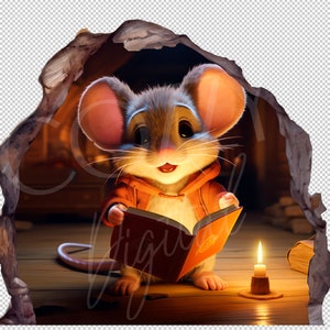 3D Mouse Reading Book in Mouse Hole, Printable Wall Decal Sticker, Wall ...