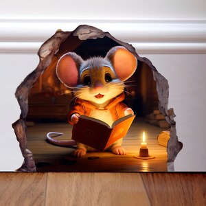 3D Mouse Reading Book in Mouse Hole, Printable Wall Decal Sticker, Wall ...
