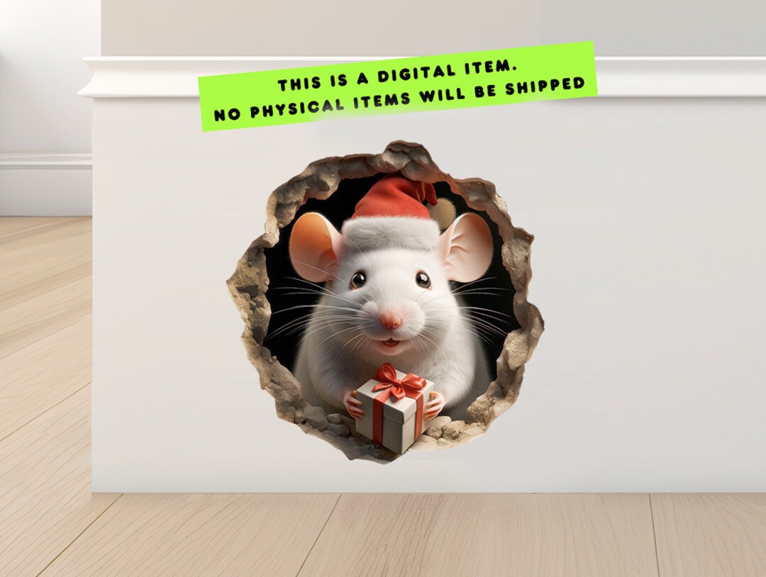 Santa Mouse Hole 3D Effect, Printable Wall Decal Sticker, Christmas ...