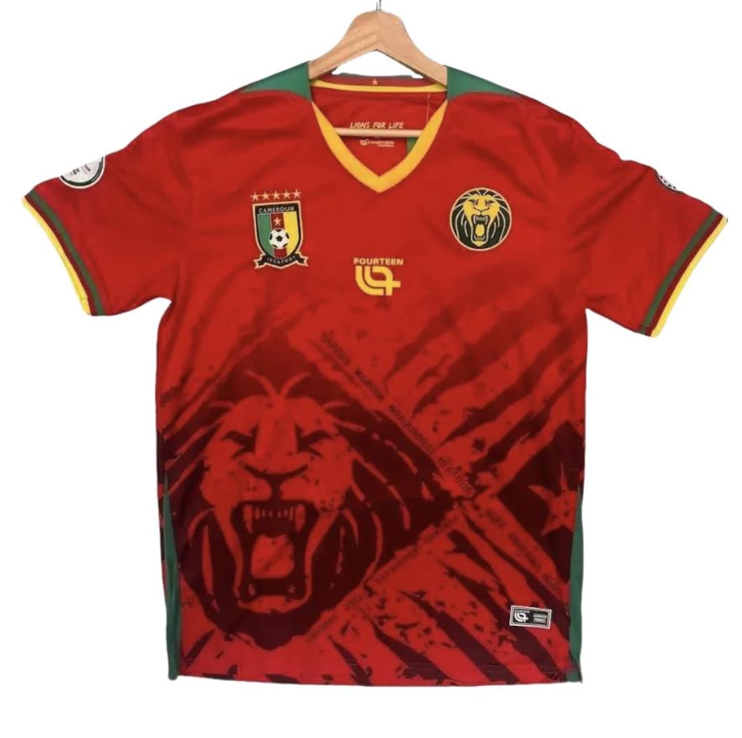 Cameroun Red Adult Soccer Jersey With Bold Lion Graphic and Green Trim ...