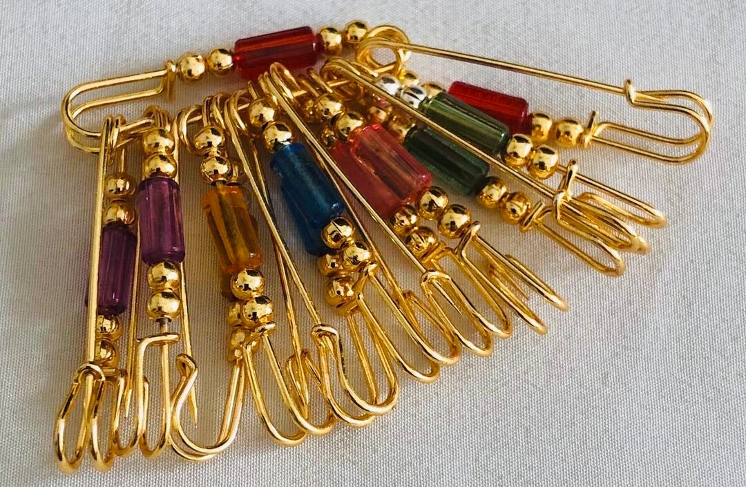 Gold Steel Safety Pins Set of 12 Gold and Multi Color Bead Pins 1.2 ...