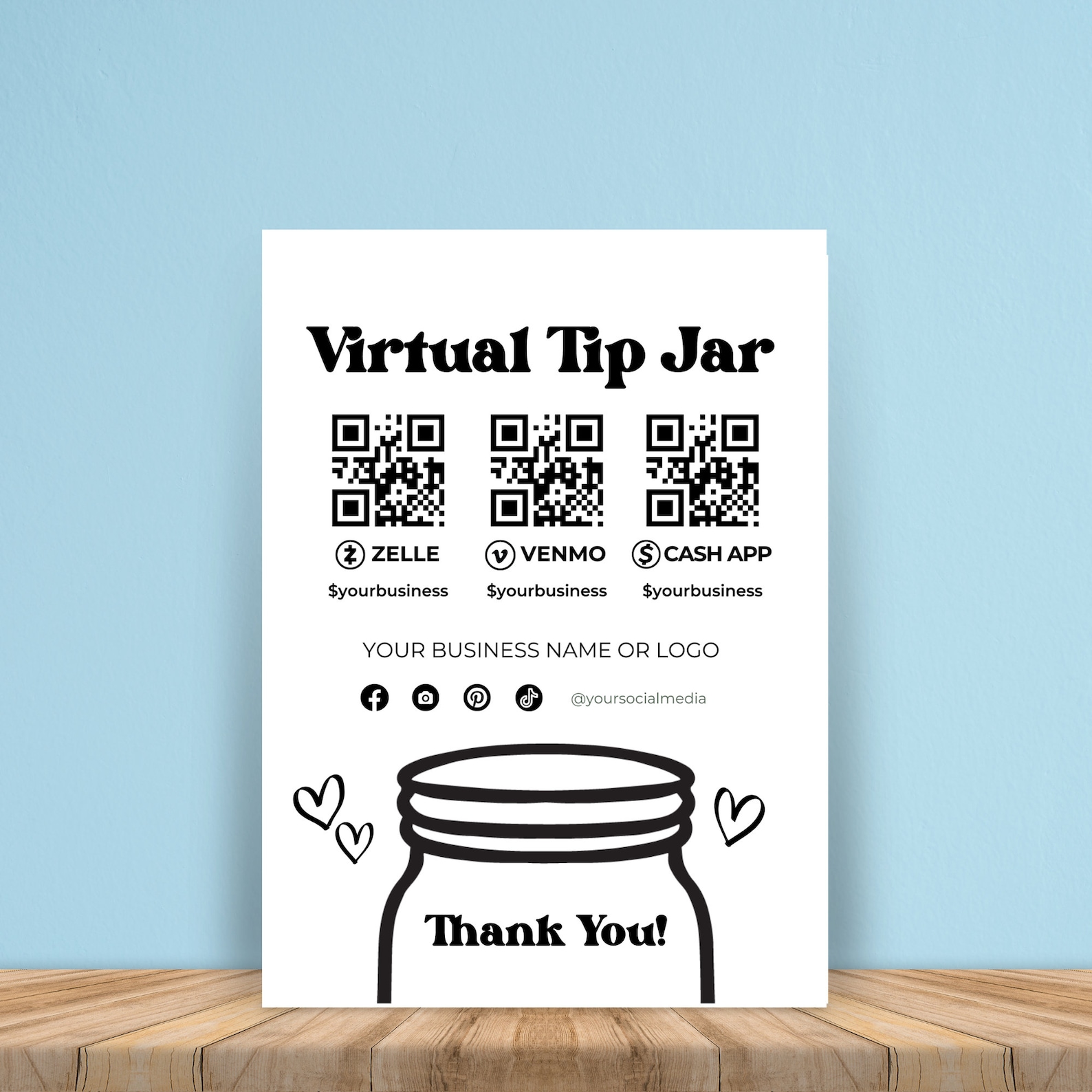 Virtual Tip Jar Template, QR Code Sign, Social Media Sign, Zelle Sign ...