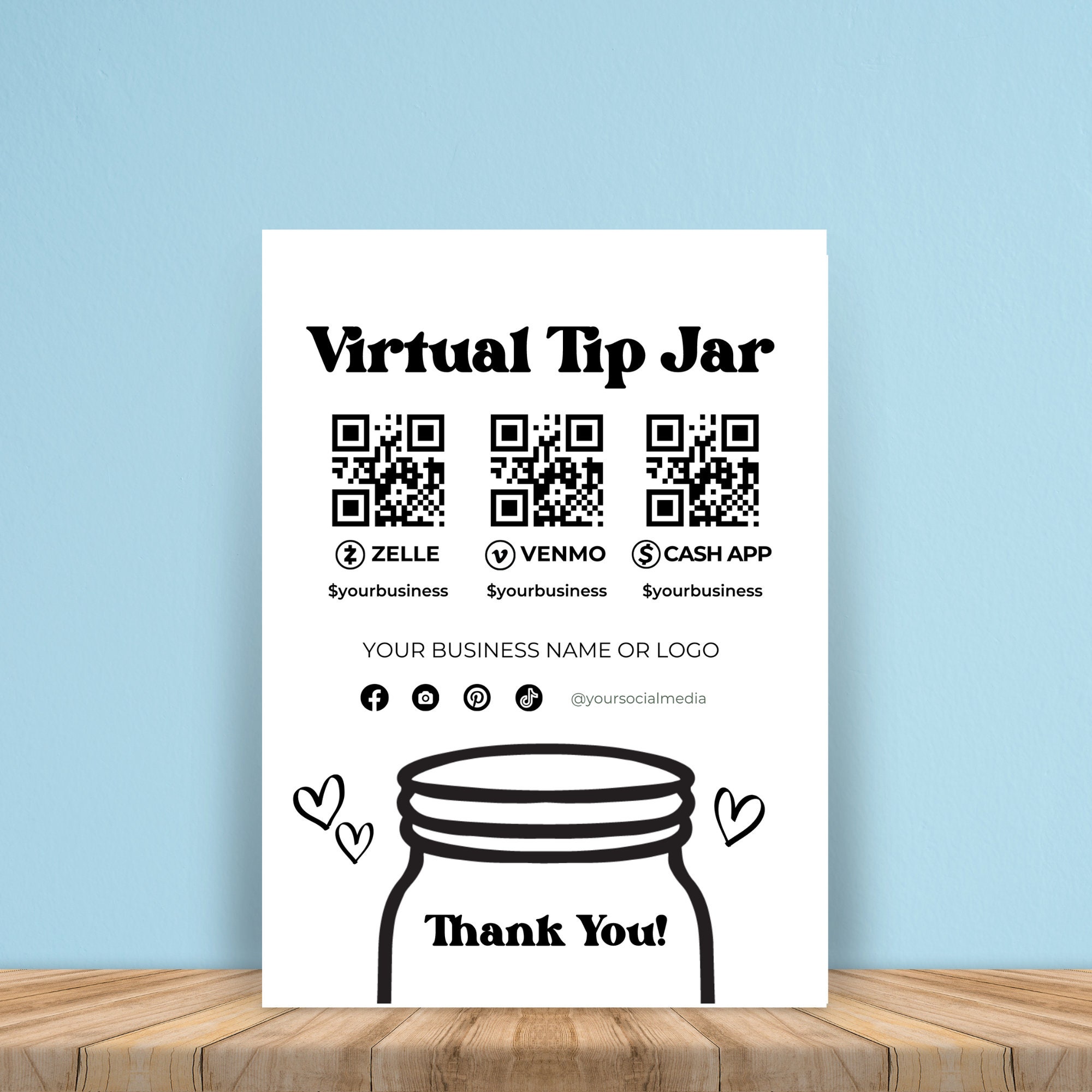 Virtual Tip Jar Template, QR Code Sign, Social Media Sign, Zelle Sign ... Virtual Tip Jar Template, QR Code Sign, Social Media Sign, Zelle Sign ...