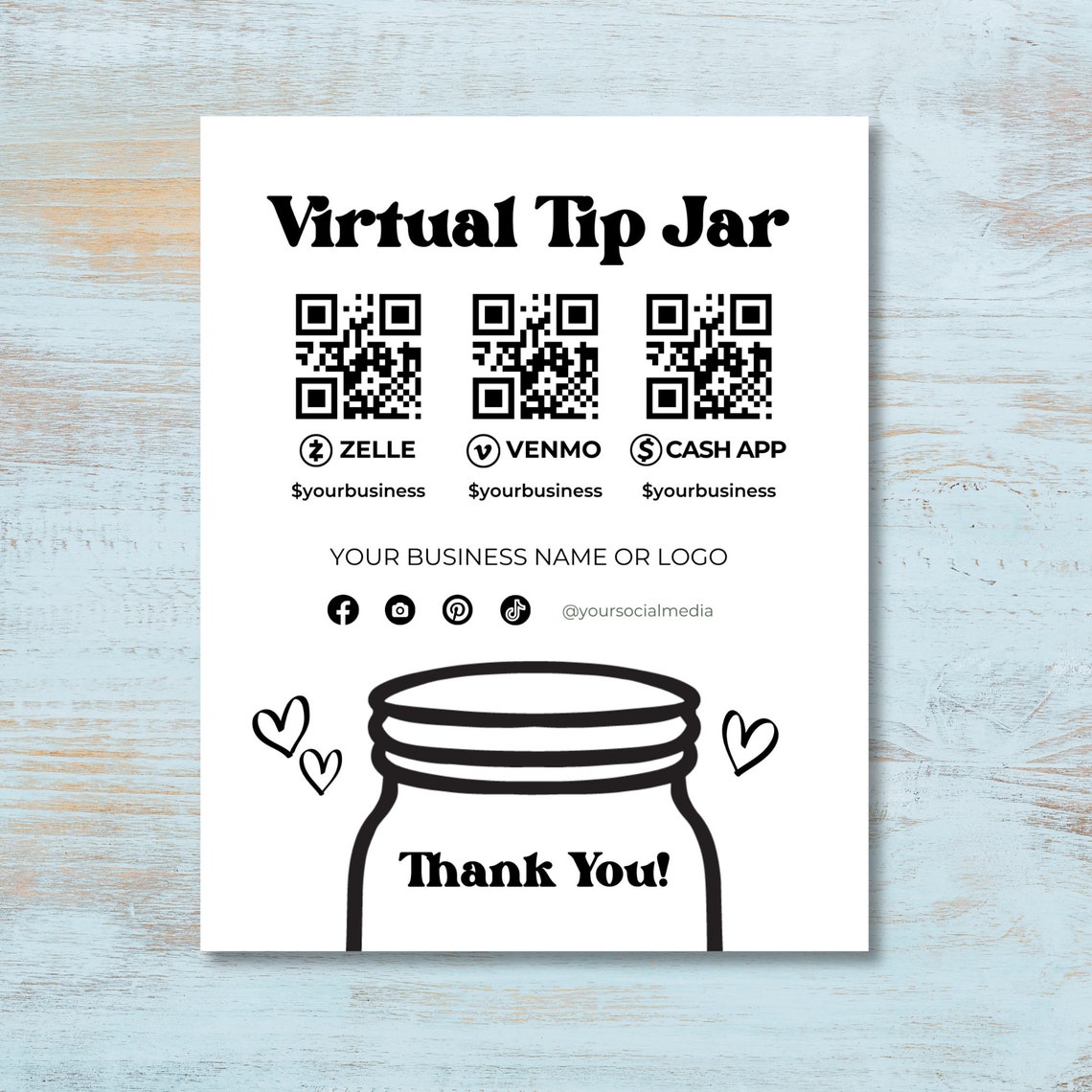 Virtual Tip Jar Template, QR Code Sign, Social Media Sign, Zelle Sign ...