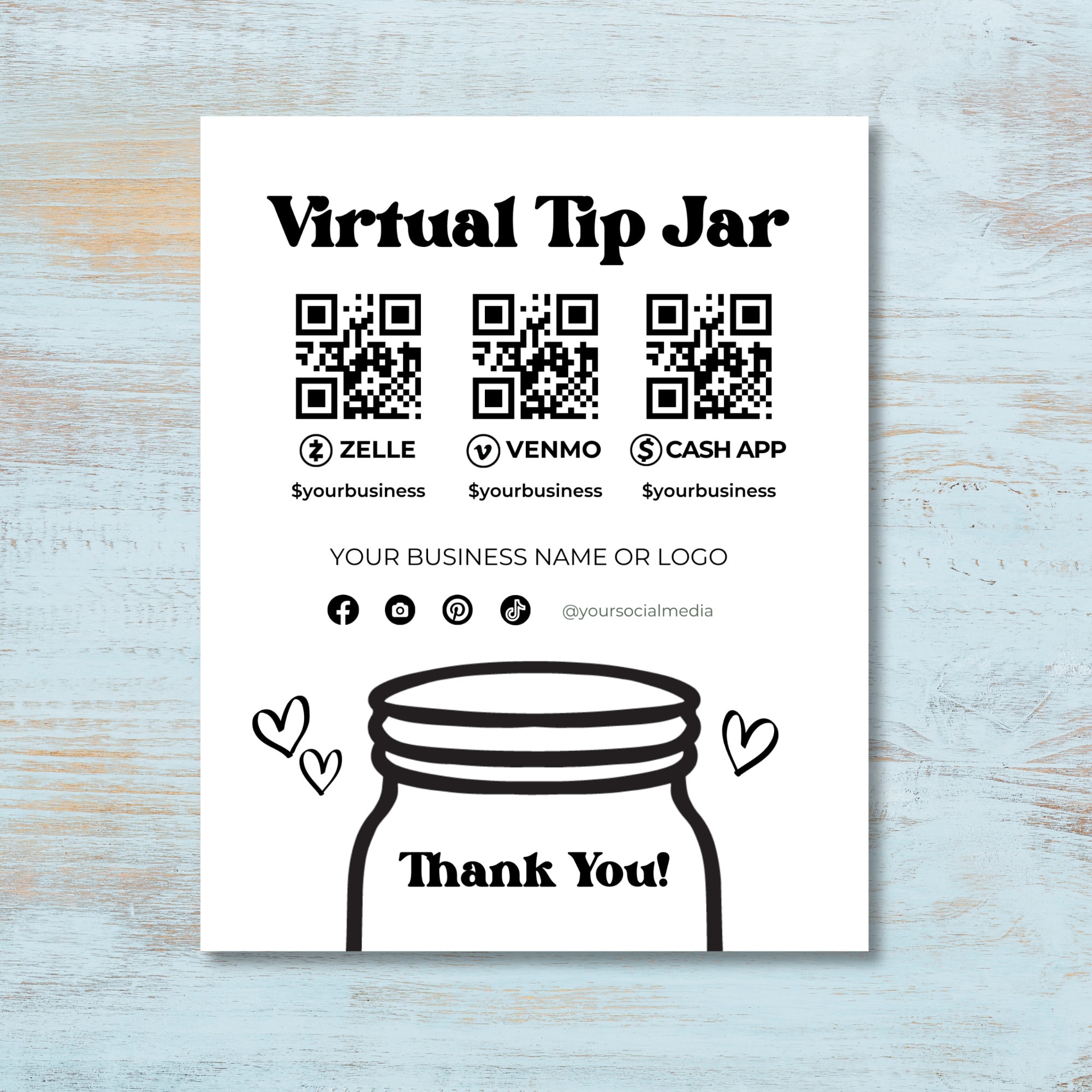 Virtual Tip Jar Template, QR Code Sign, Social Media Sign, Zelle Sign ...