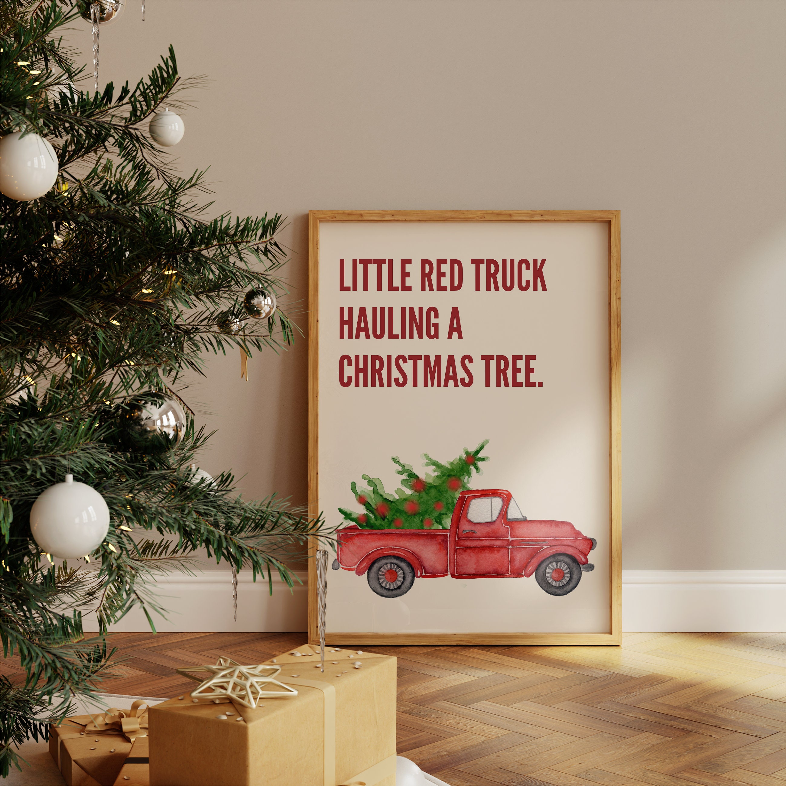 Little Red Truck Hauling A Christmas Tree | Christmas Decor | Trendy ...