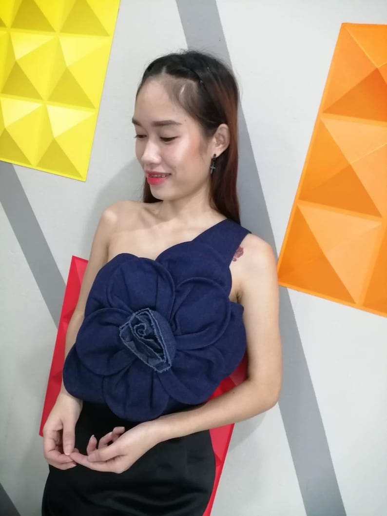 Upcycled Denim Crop Top: 3D Floral, One-shoulder Design - Etsy