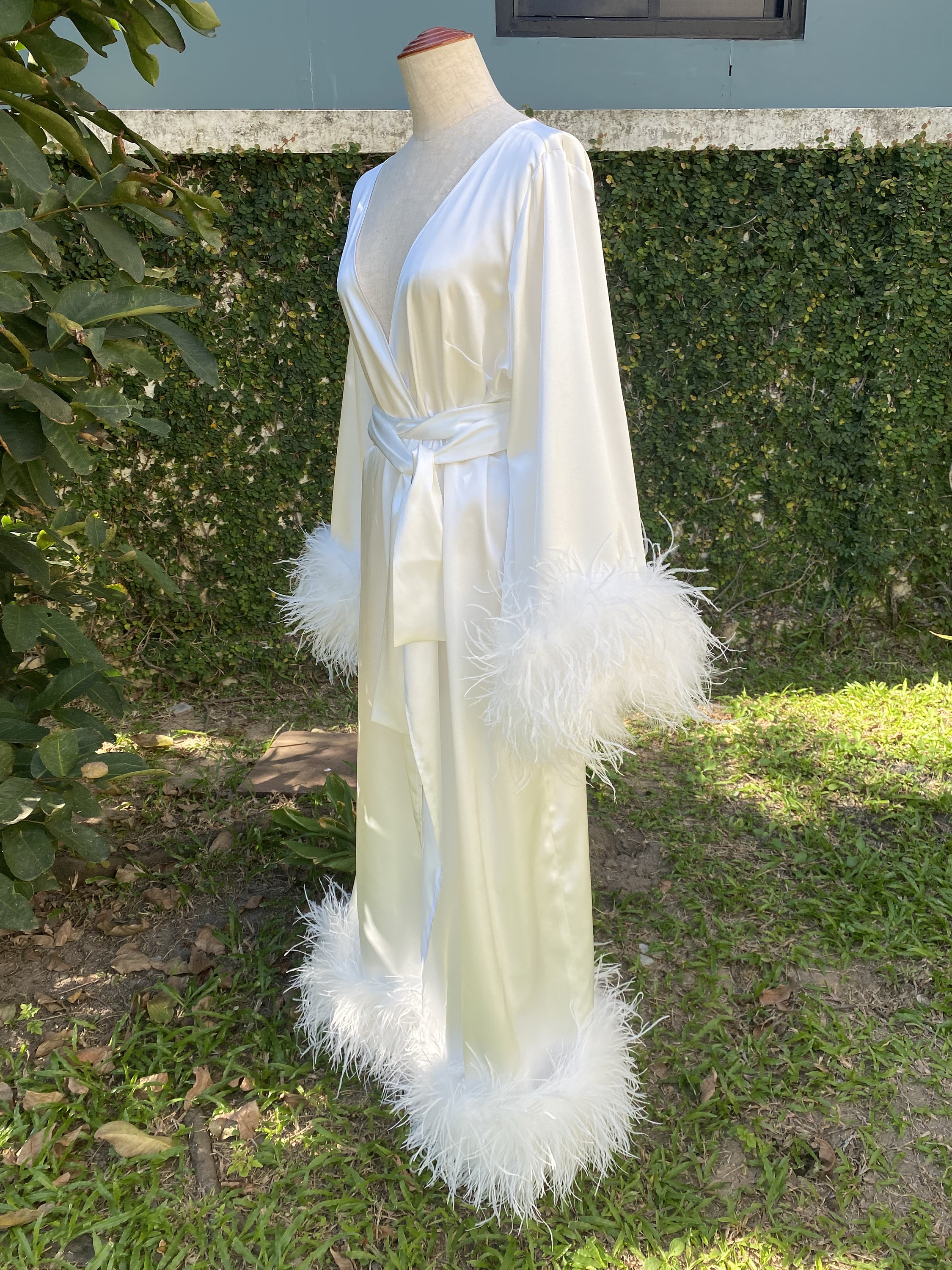 White Silk Satin Feather Robes for Women Long,robe for Bride ...