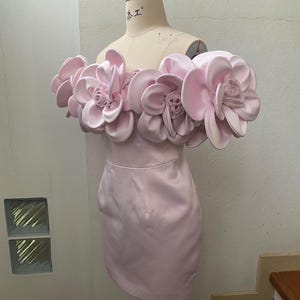 Pale Pink 3D Flower Mini Dress: Elegant Rose Satin, Custom Fit - Etsy
