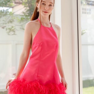 Hot Pink Feather Halter Dress: Custom Satin Mini Dress - Etsy