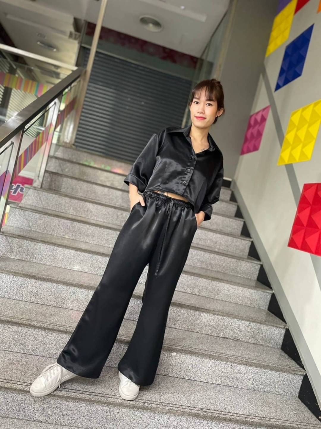 Radiant Charm Set: Satin Oversized Short Sleeve Shirt and Wide-leg ...