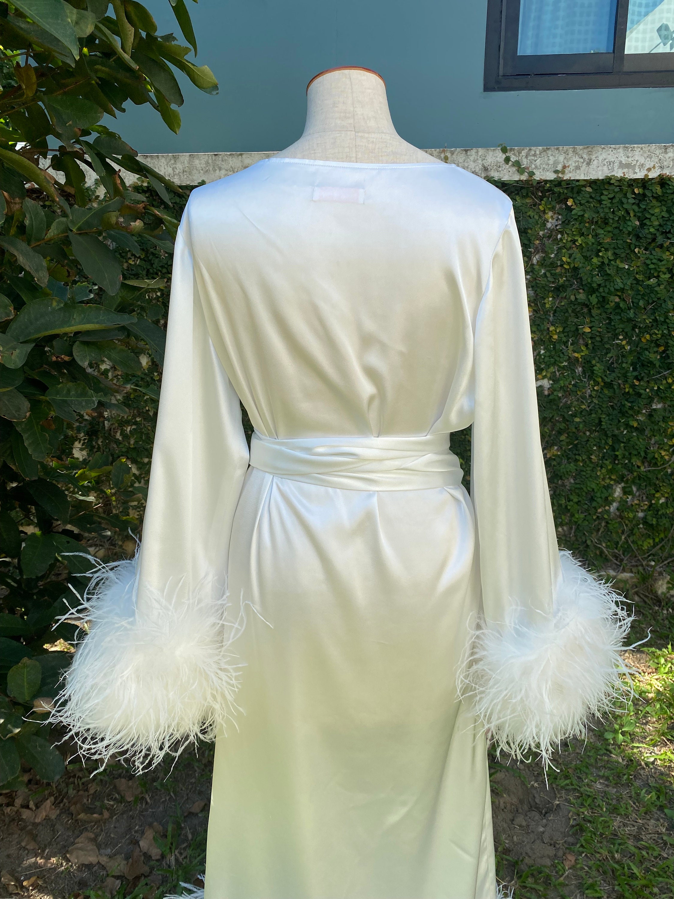 White Silk Satin Feather Robes for Women Long,robe for Bride,personalized Bridesmaids Robes ...